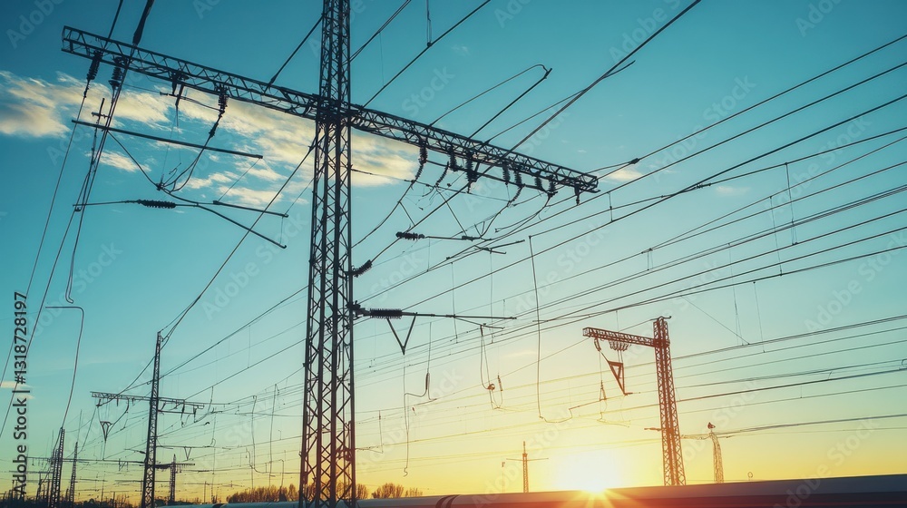 Overhead electric lines powering high-speed rail transport with ...