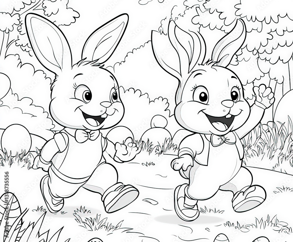 Kids hopping like bunnies during an Easter game, coloring page for kids ...