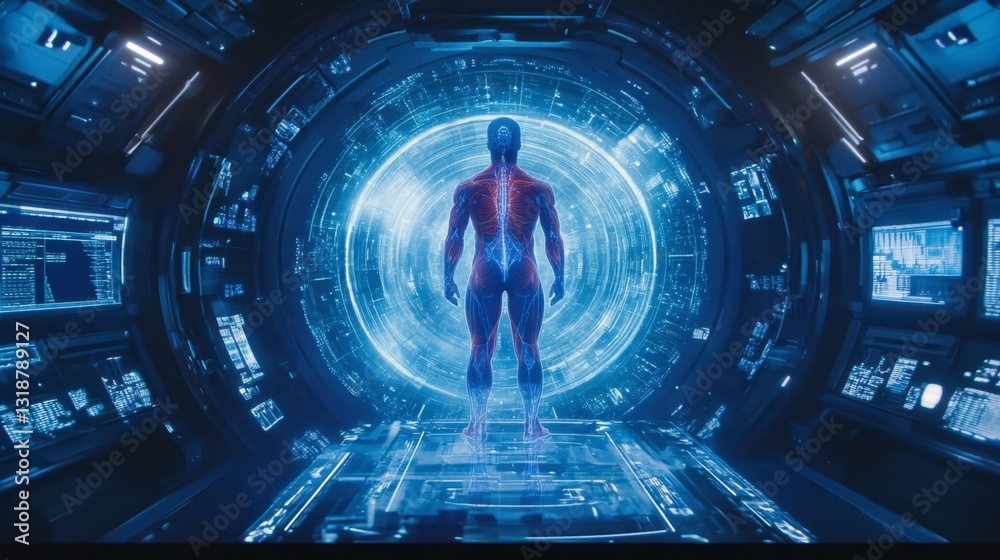 Sci-fi digital representation of a human body in a glowing medical scan, showing anatomy layers ...