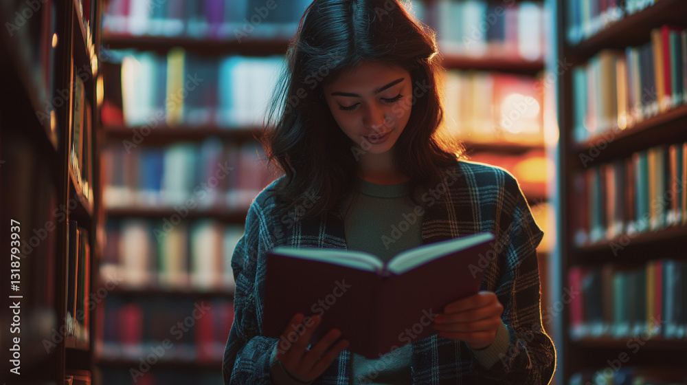 tudent in a library discovering something fascinating, expression of ...