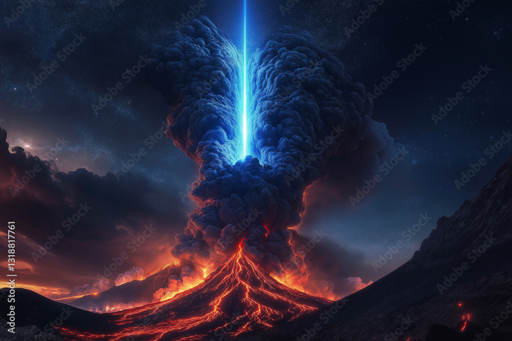 visually stunning volcanic eruption against a cosmic backdrop. The central focus is a volcano ...
