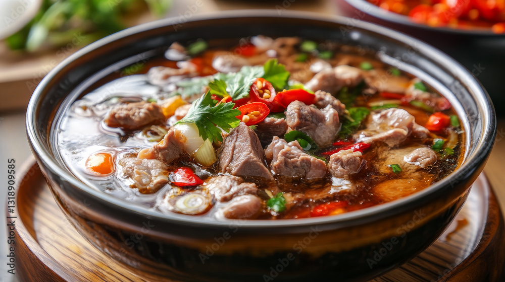 A traditional soup made by simmering meticulously cleaned beef, chicken ...