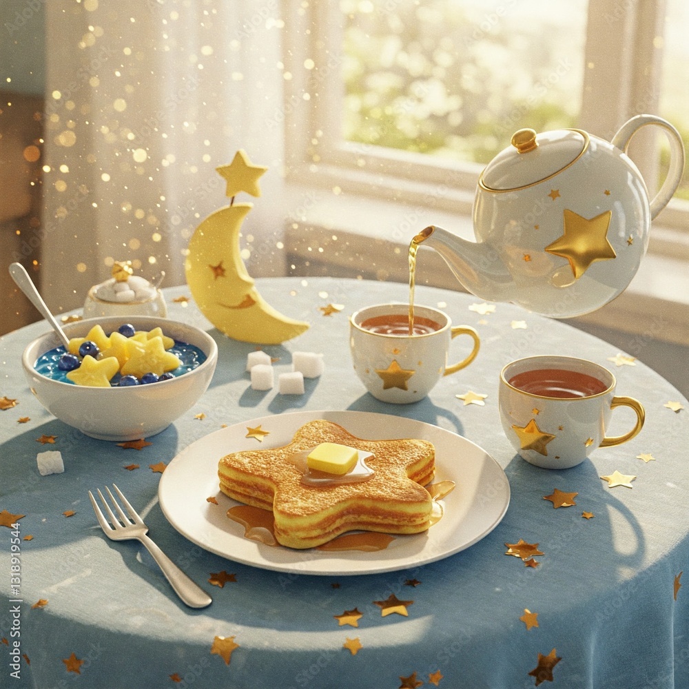 A whimsical breakfast table where all elements are shaped like stars ...