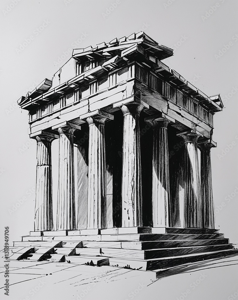 Greek temple with towering columns building design in sketch hand ...
