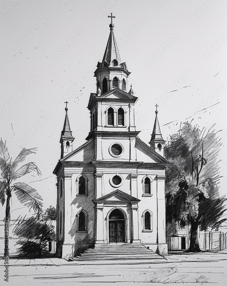 Historic colonial church building design in sketch hand drawing black ...