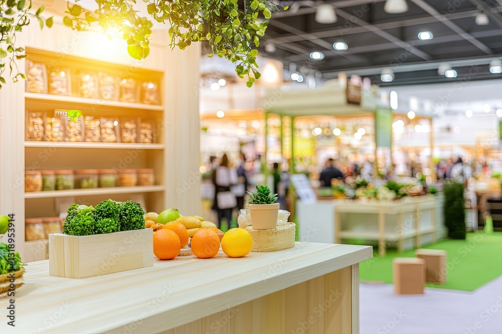 Healthy food display at a trade show. Wooden shelves, fresh produce ...