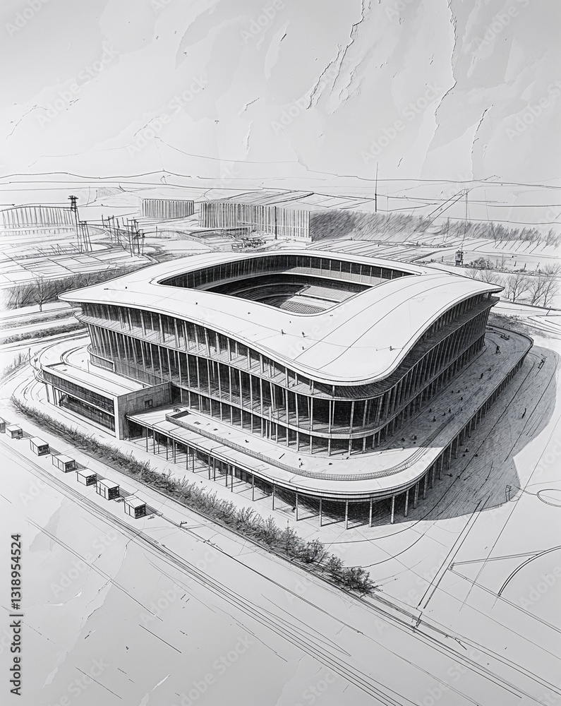 Olympic sports complex building design in sketch hand drawing black and ...