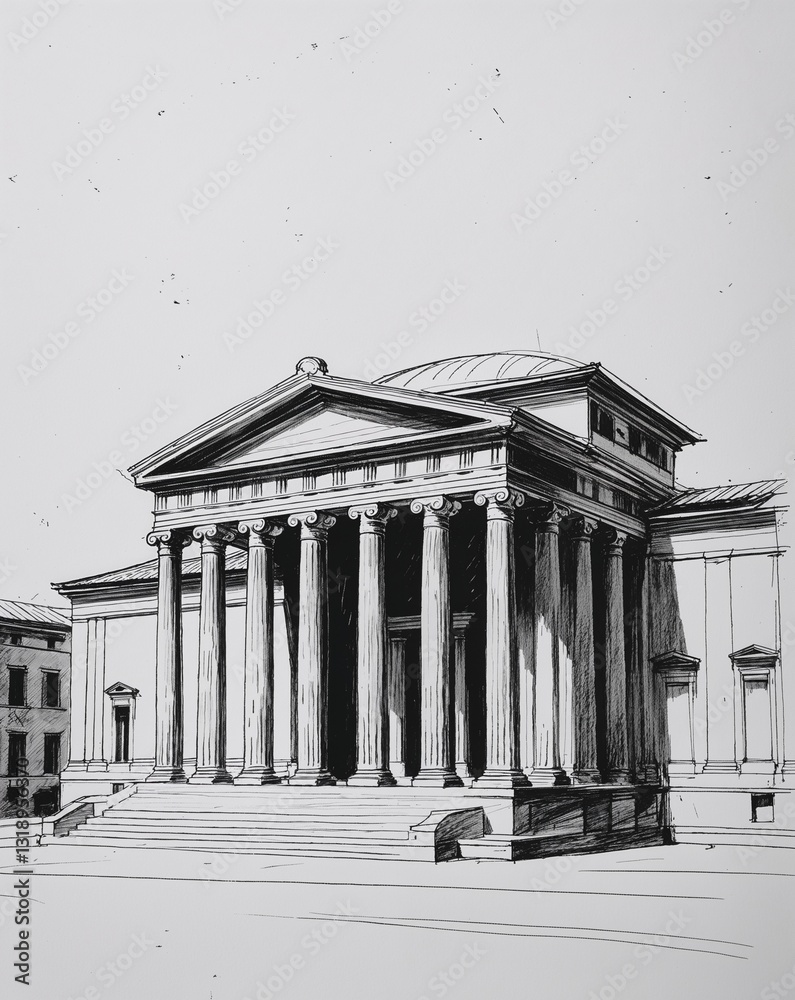 Roman inspired columned museum building design in sketch hand drawing ...