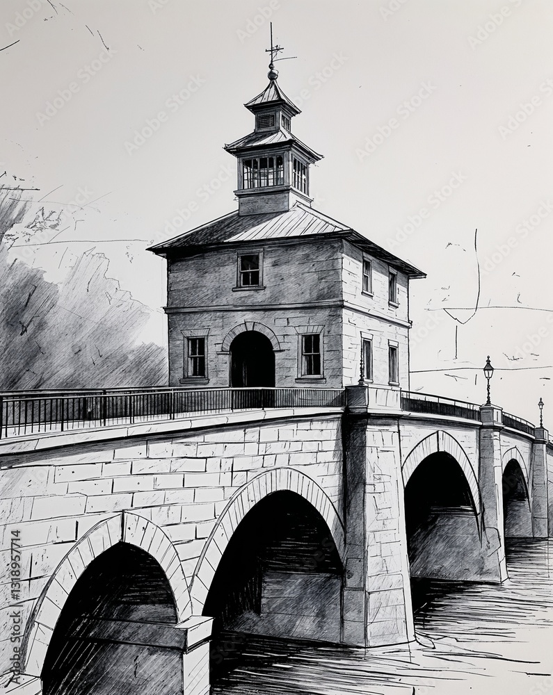 Stone bridge with toll house building design in sketch hand drawing ...