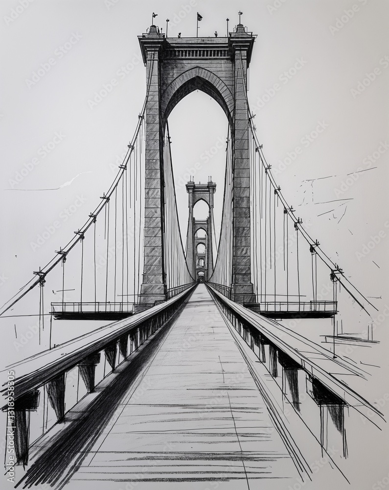Suspension bridge with towers building design in sketch hand drawing ...