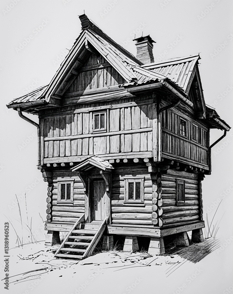 Traditional Russian wooden house building design in sketch hand drawing ...