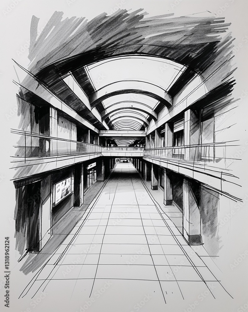 Underground shopping mall building design in sketch hand drawing black ...