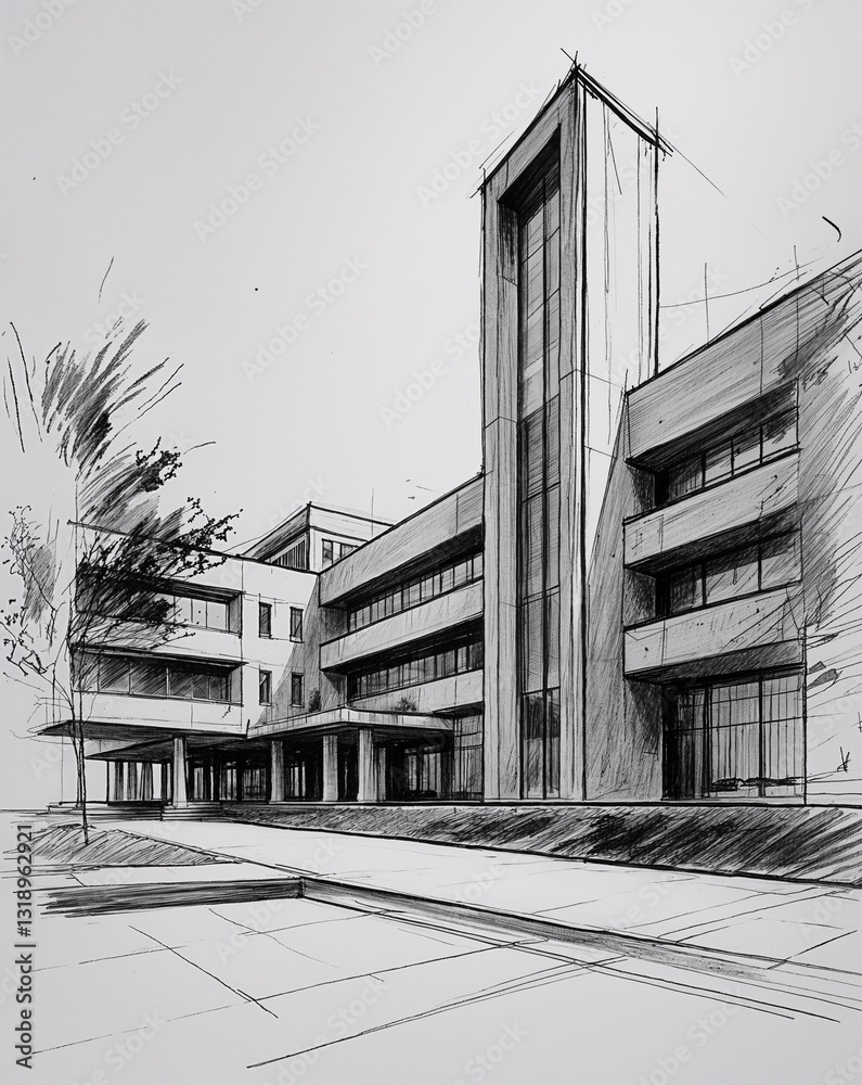 University campus building design in sketch hand drawing black and ...