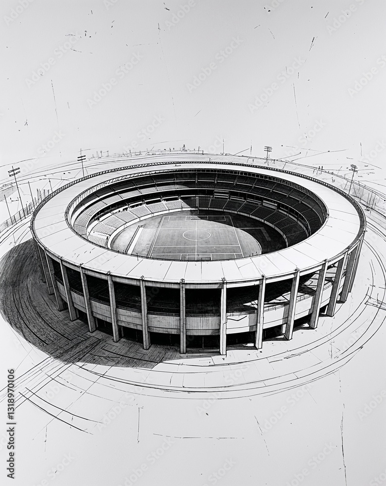 Circular sports arena building design in sketch hand drawing black and ...