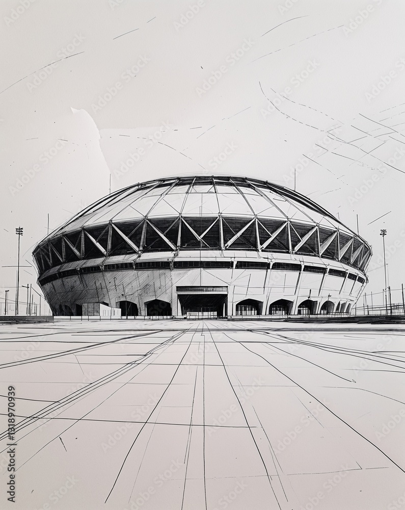 Dome stadium building design in sketch hand drawing black and white on ...