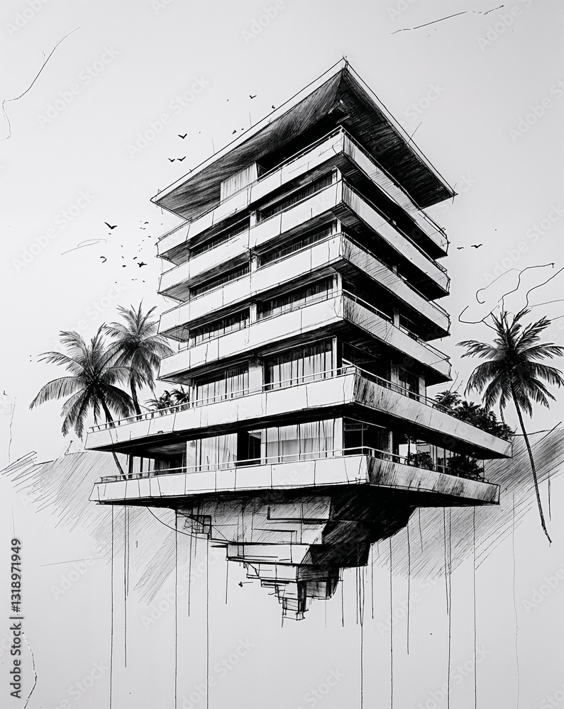 Floating hotel resort building design in sketch hand drawing black and ...