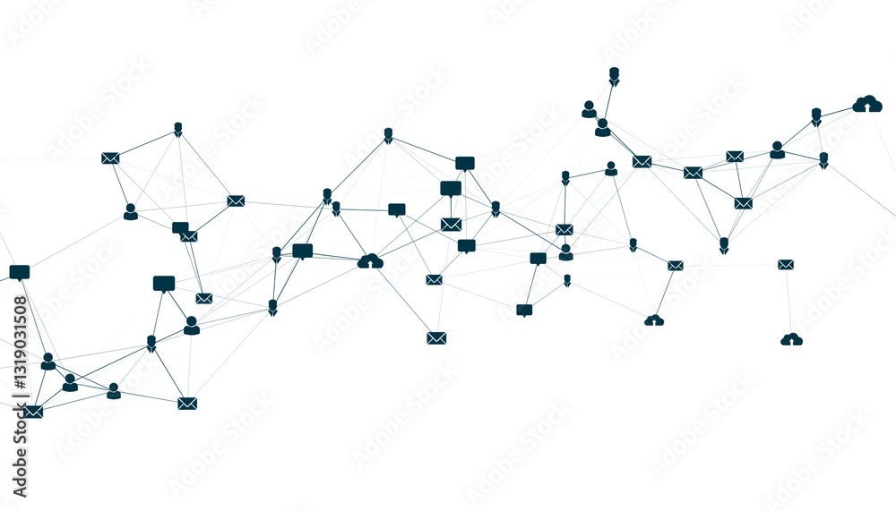 Abstract social network layout with user icons, messages, emails, and ...