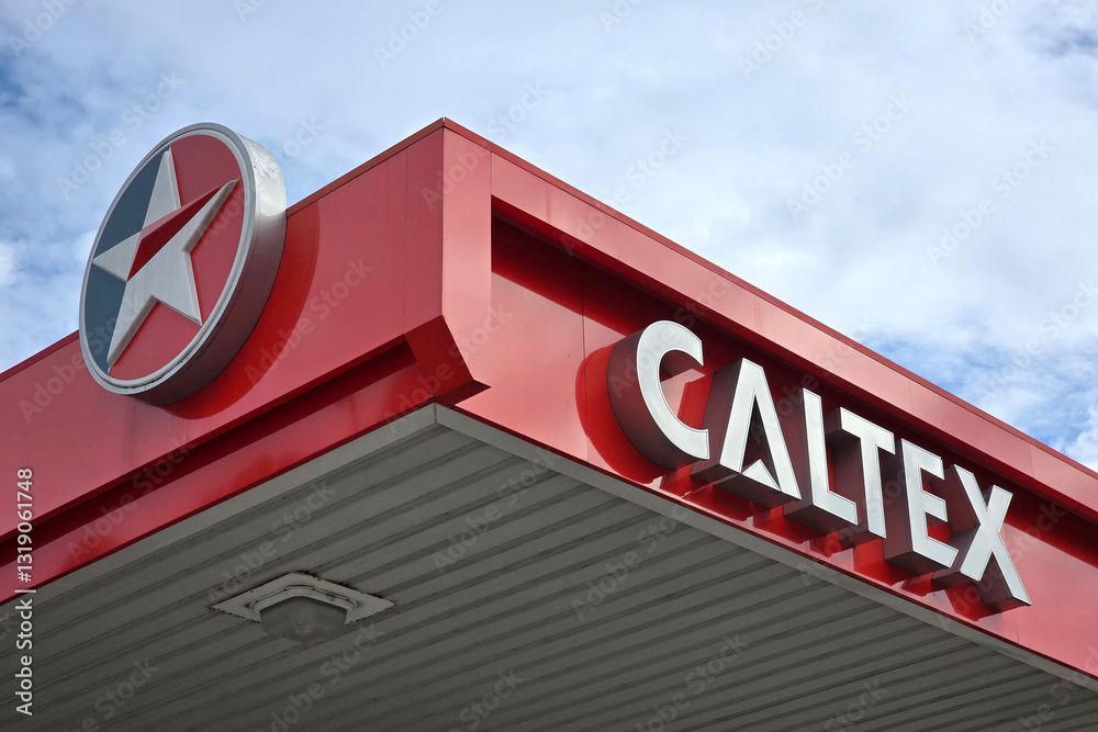 Penang, Malaysia - Mar 9, 2025: Close-up view of the Caltex gas station ...
