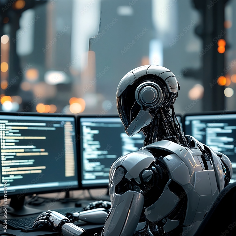 A robot is sitting in front of multiple computer screens displaying ...