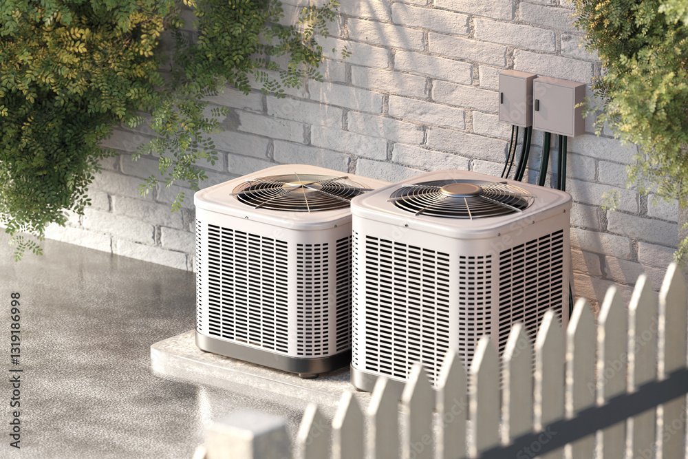 Two outdoor air conditioning units installed against a white brick wall ...