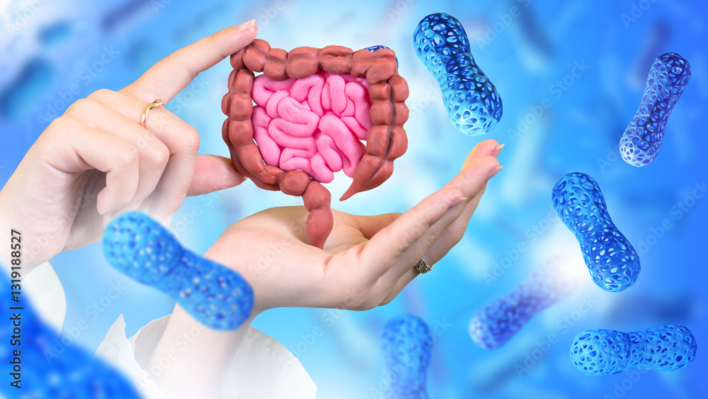 Intestine in hands. Microbiome of digestive system. Probiotic treatment ...