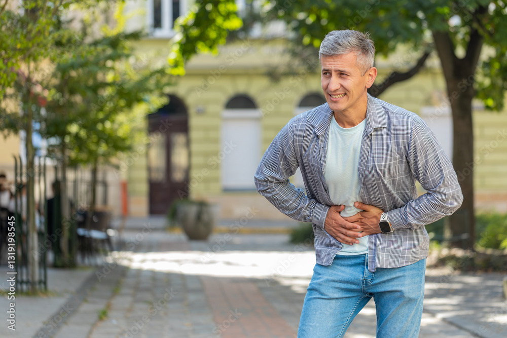 Caucasian man traveler feeling sudden strong abdominal stomach ache ...