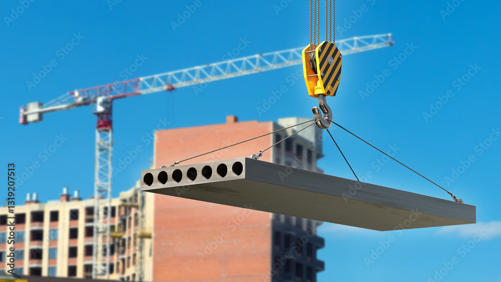 Construction landscape. Concrete slab on crane hook near blue sky ...