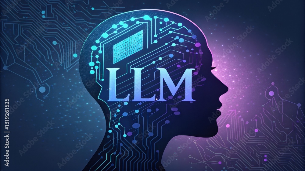LLM Large Language Models. Digital representation of a human head with ...