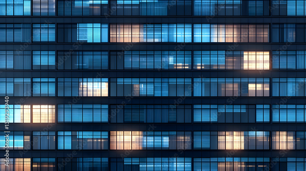Dark Blue City Building Facade With Illuminated Windows At Night Time ...