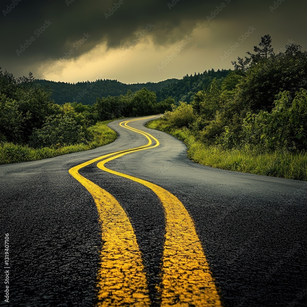 Winding road under a dramatic sky. Lush green landscape surrounds the ...