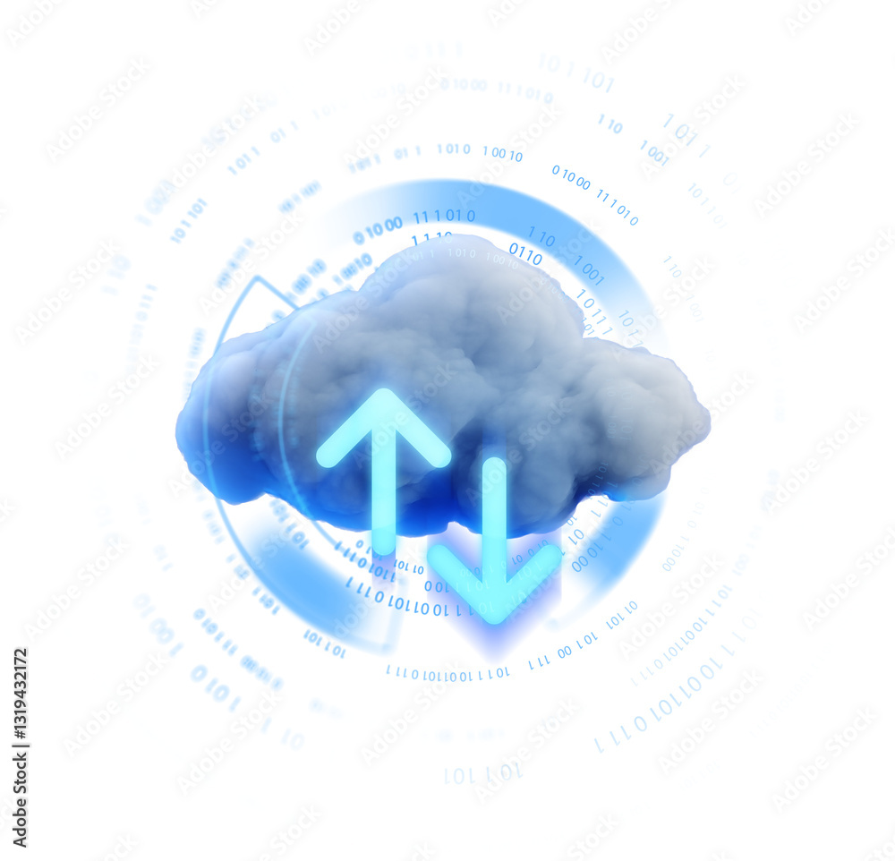 Cloud with glowing upload and download arrows, surrounded by binary code and digital graphics on ...