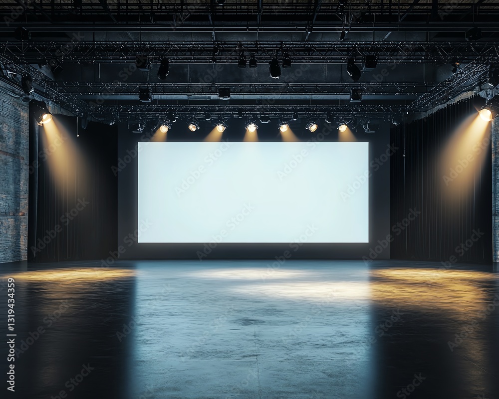 Modern spacious stage with blank white screens and spotlight in dark ...