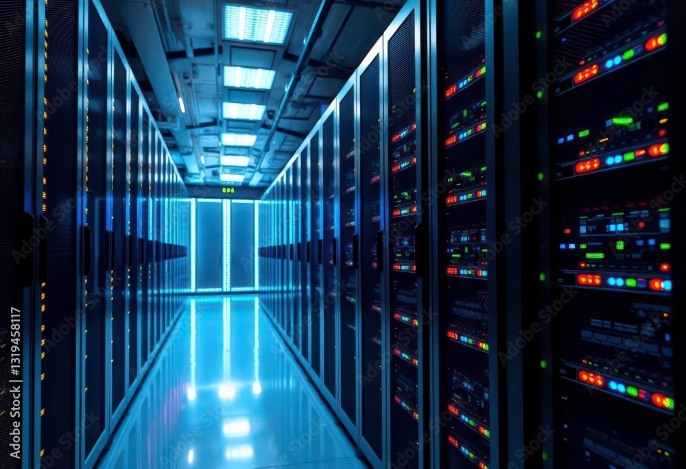 Server racks in a modern data center, glowing lights, technology, big ...