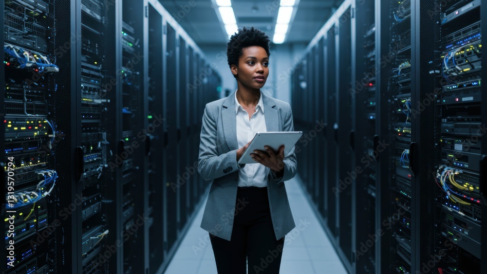 African American woman in professional attire holding tablet in data ...