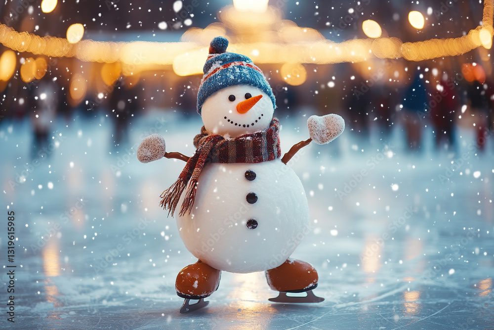 Snowman gracefully ice skating on hind legs at a festive winter ...