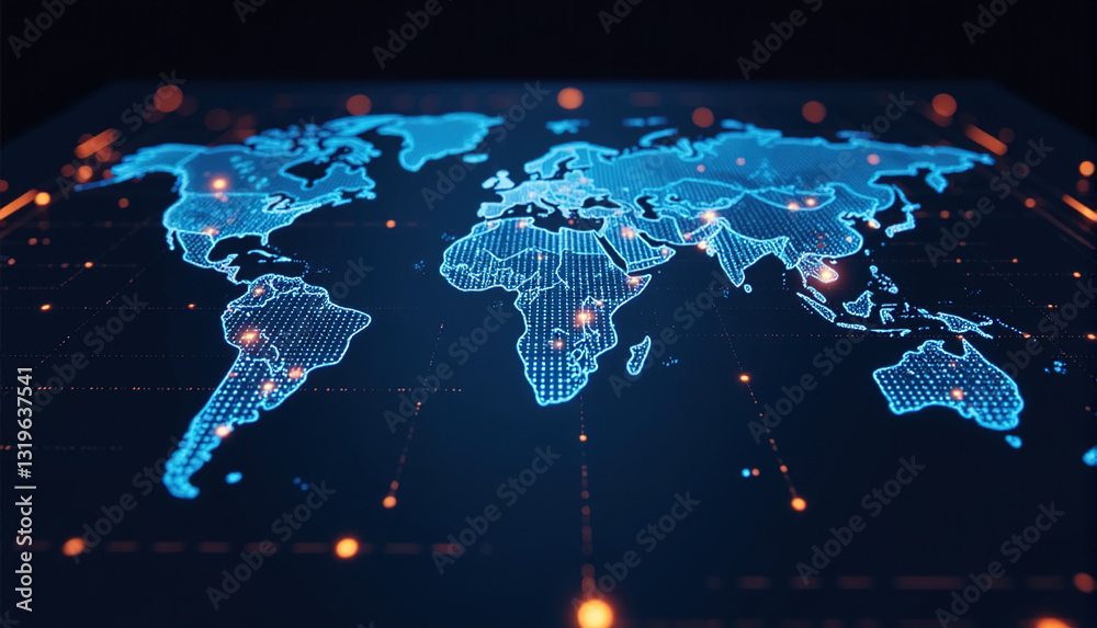 Glowing digital world map showing global connections and data flow. Futuristic technology ...