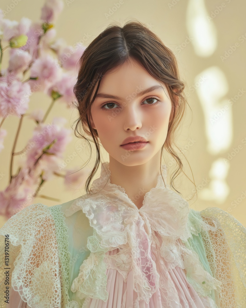 Fashion model posing in easter themed photoshoot with spring flowers ...