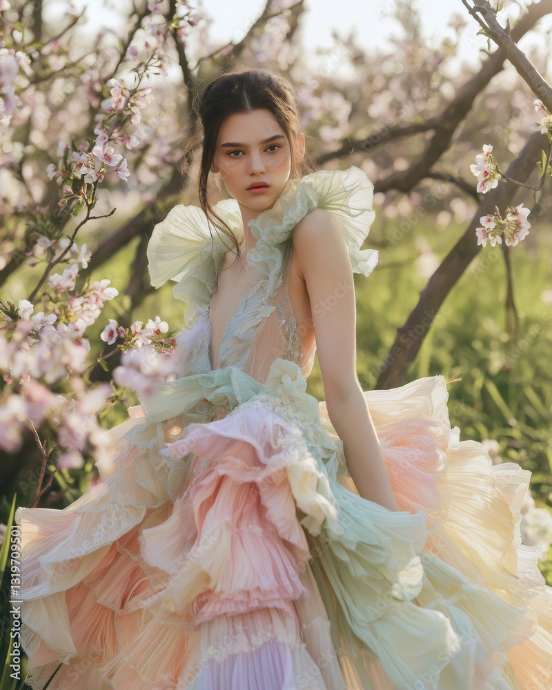Fashion model wearing elegant pastel dress in blooming orchard ...