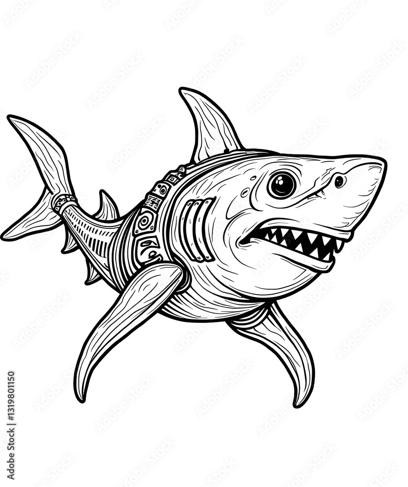 Coloring page Robotic Shark Illustration with Mechanical Details Stock ...