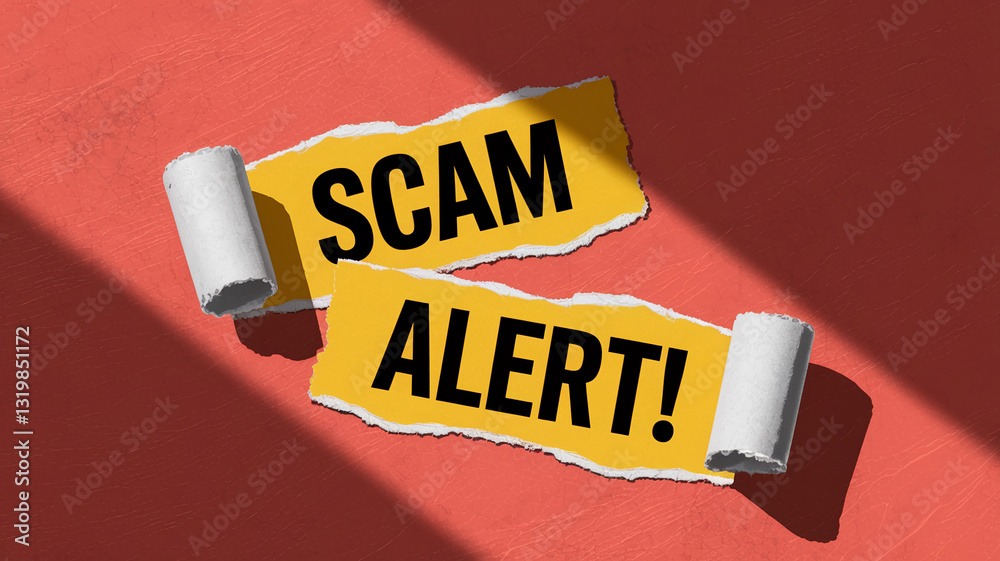 Torn yellow paper strips on red background reveal "SCAM ALERT!" message ...