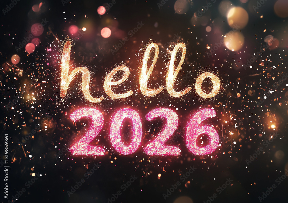 Un fondo negro con las palabras "hola 2026" escritas en oro y chispas ...