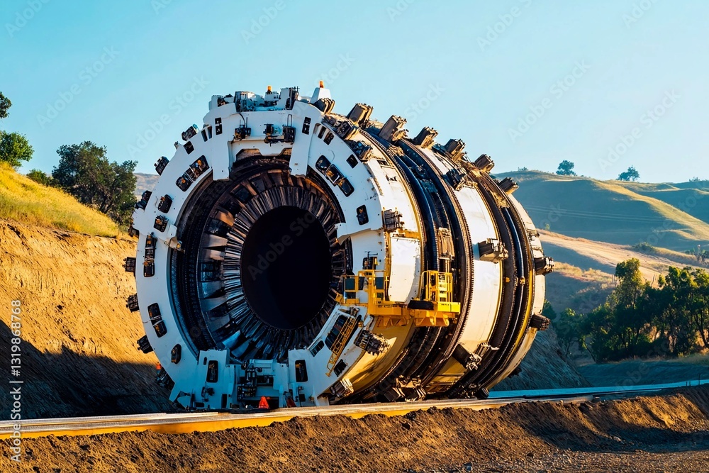 A large tunnel boring machine is positioned at a construction site ...