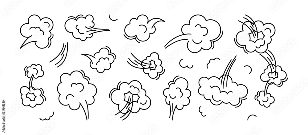 Comic fart cloud linear icon, smoke puff doodle, cartoon dust breath ...