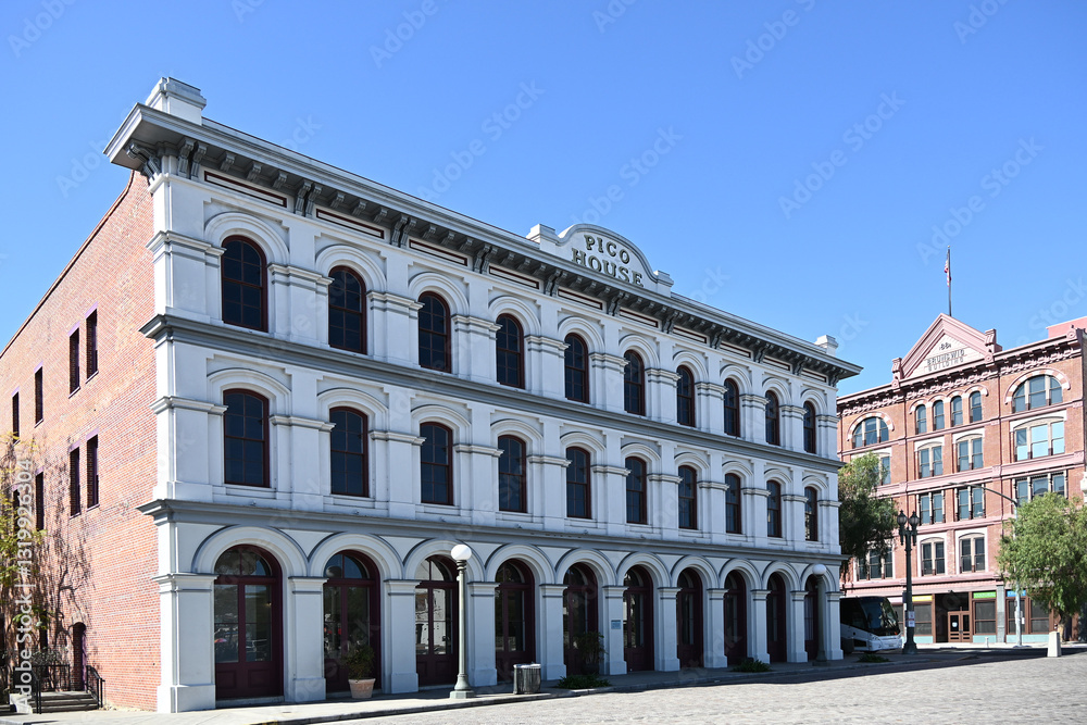 LOS ANGELES, CALIFORNIA - 8 MAR 2025: The Pico House and Brunswig ...