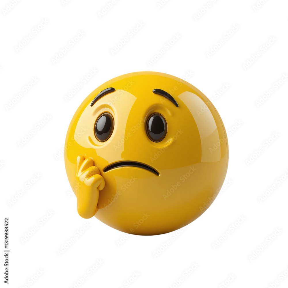 Thinking face emoji with curious expression and hand on chin isolated ...