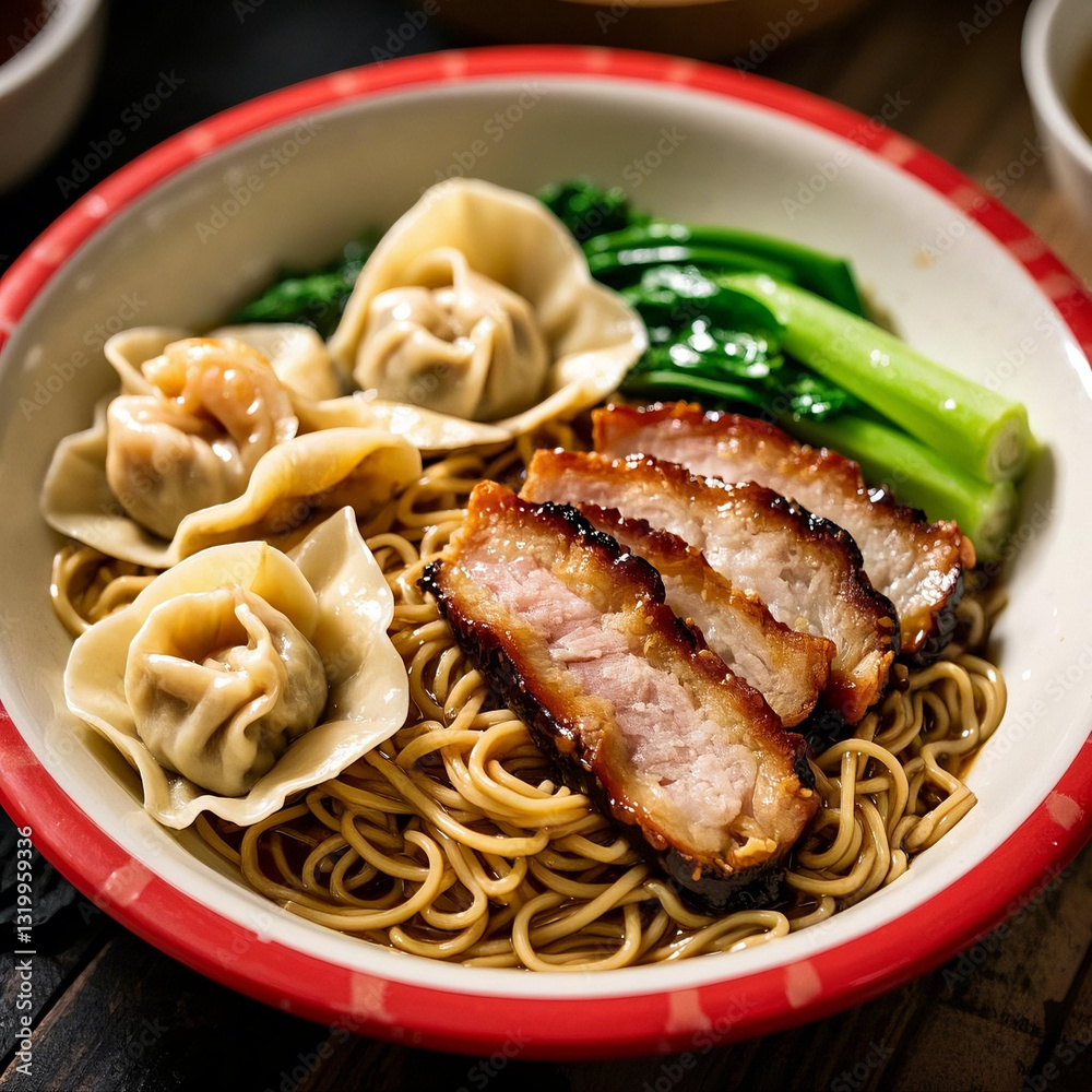 Classic Dry Wantan Mee with Char Siu and Dumplings in a Traditional ...