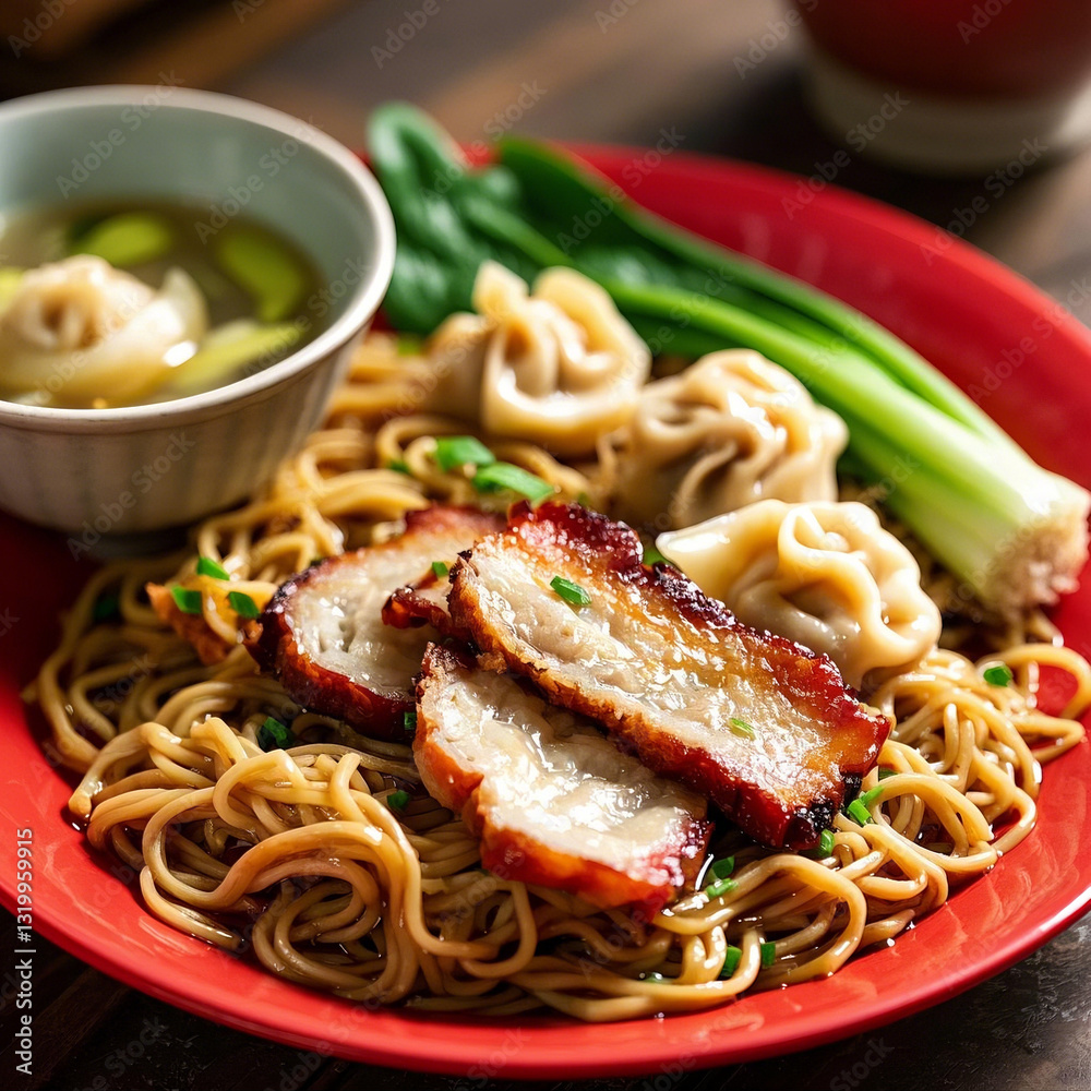 Classic Dry Wantan Mee with Char Siu and Dumplings in a Traditional ...