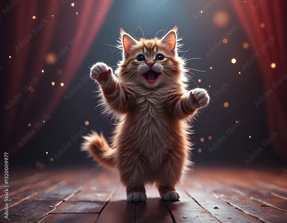 Illustration of a cute fluffy cat dancing merrily on stage, with ...