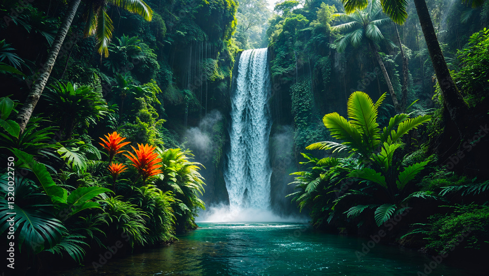 Lush tropical rainforest with cascading waterfall and exotic plants ...