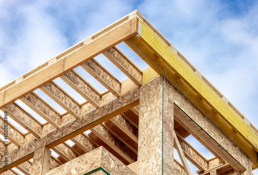 Roof corner construction detail showing engineered wood joists and Laminated Veneer Lumber (LVL ...